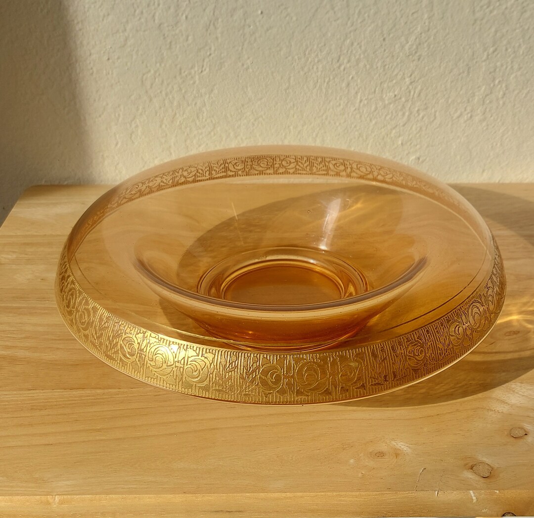 Vintage Pinkish Amber Glass Rolled Edge Console Bowl With Etched Design ...