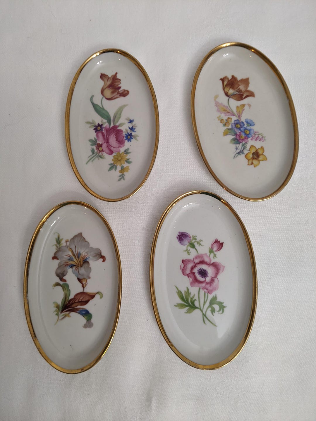 Set of 4 1950s Denmark Porcelain Shallow Trinket Dishes Gold Rim Floral ...
