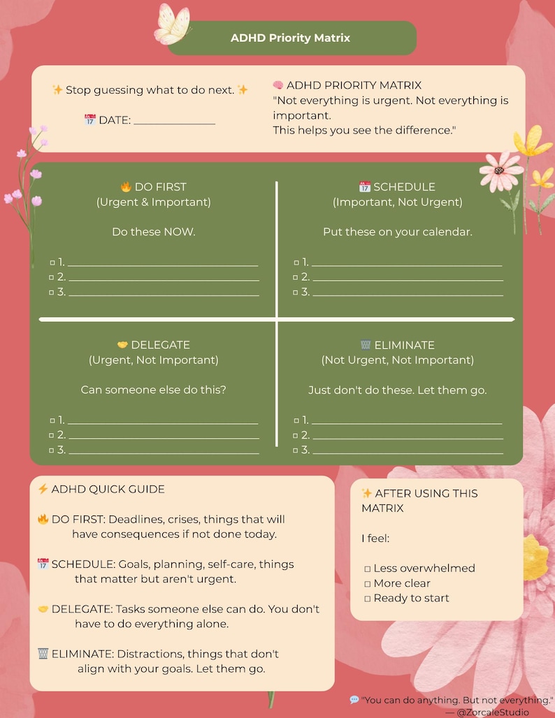 ADHD Priority Matrix | Eisenhower Matrix Printable | Urgent Important ...