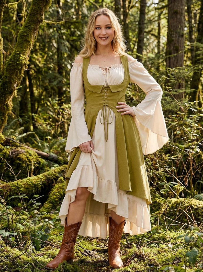 Cottagecore Renaissance Dress, Pink Cream Corset Midi, Fairycore ...