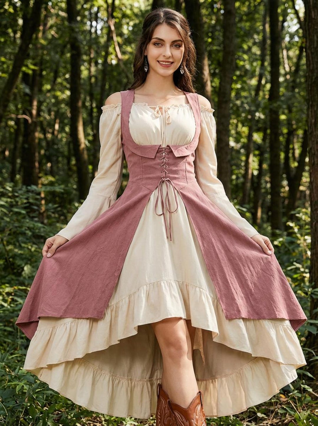 Cottagecore Renaissance Dress, Pink Cream Corset Midi, Fairycore ...