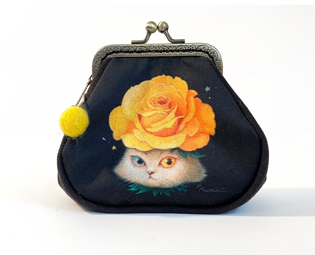 Cat X Flower-yellow Rose Kiss Lock Pouch - Etsy