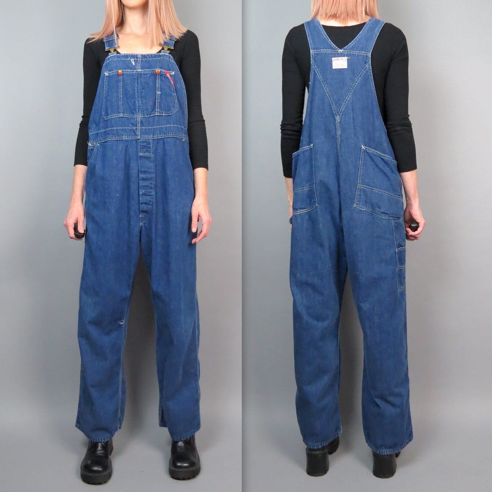 Vintage FINCK'S Overalls Pig Buckle Red Bar Denim Workwear Sanforized ...