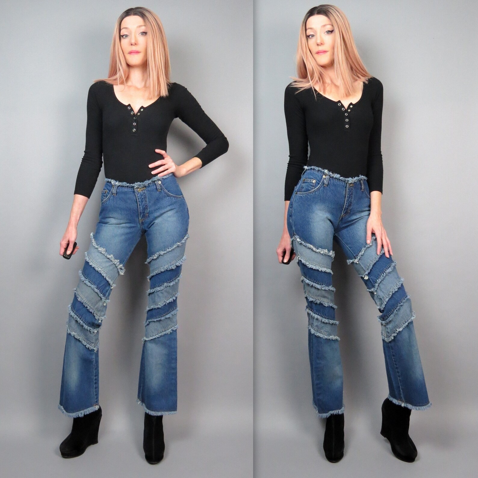Vintage Y2K Patchwork Jeans Chevron Striped Flared Jeans 2000s 00s Low ...