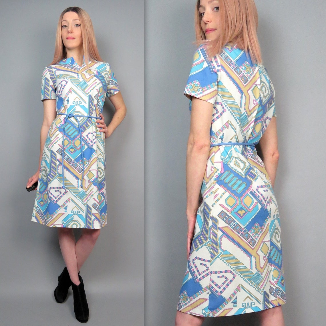 Vintage 1960s Mod Dress Blue Geometric Print Go Go Dress 60s A Line ...