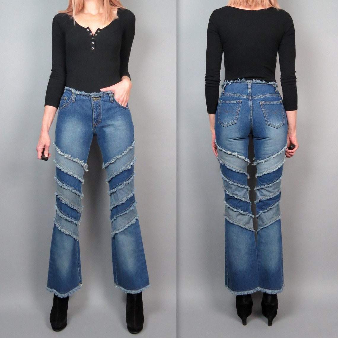 Vintage Y2K Patchwork Jeans Chevron Striped Flared Jeans 2000s 00s Low ...