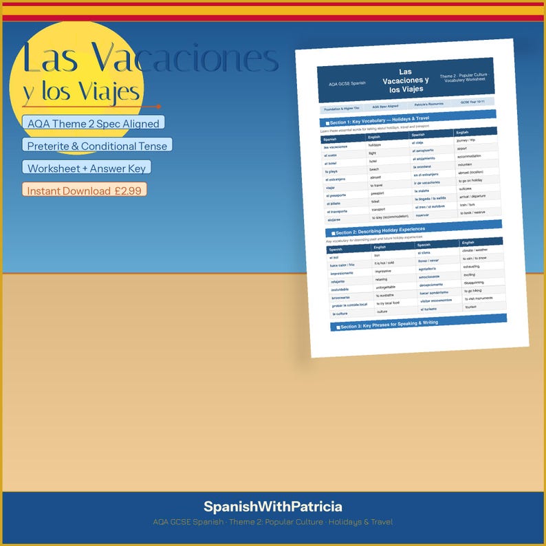 AQA GCSE Spanish Holidays Travel Worksheet | Las Vacaciones | Theme 2 ...