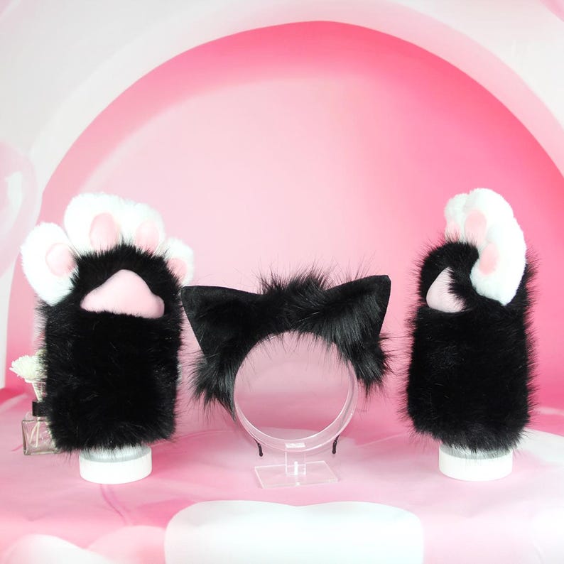 Plush Cat Ear Headband and Paw Gloves Set: Black Kawaii Accessory - Etsy