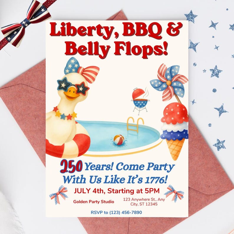 4th of July 250th BBQ Pool Party Invitation Template, Editable Canva ...