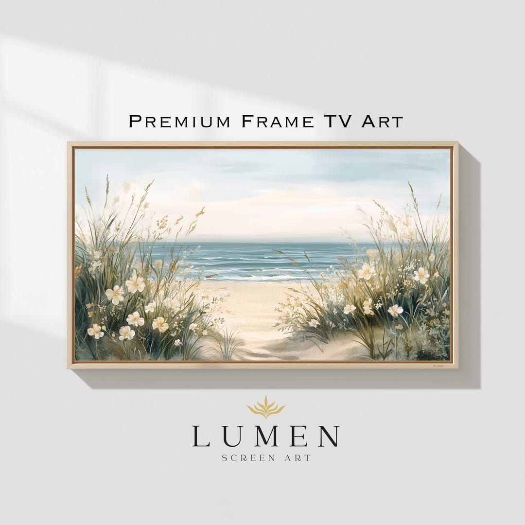 Coastal Beach Path Frame TV Art, Watercolor Cottage Decor, Calm Ocean ...