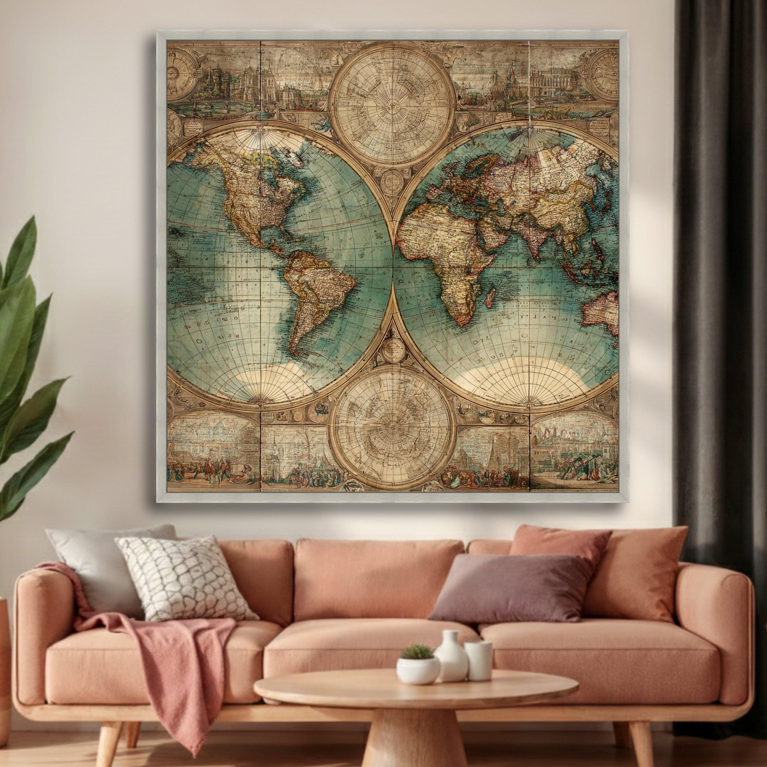 Vintage World Map Canvas Wall Art, Antique Globe Print, Historical Map ...