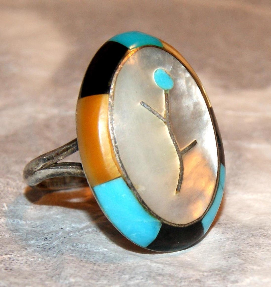 Zuni Inlay Ring. Sterling Silver. Turquoise, Shell, Jet. C1950. Free ...