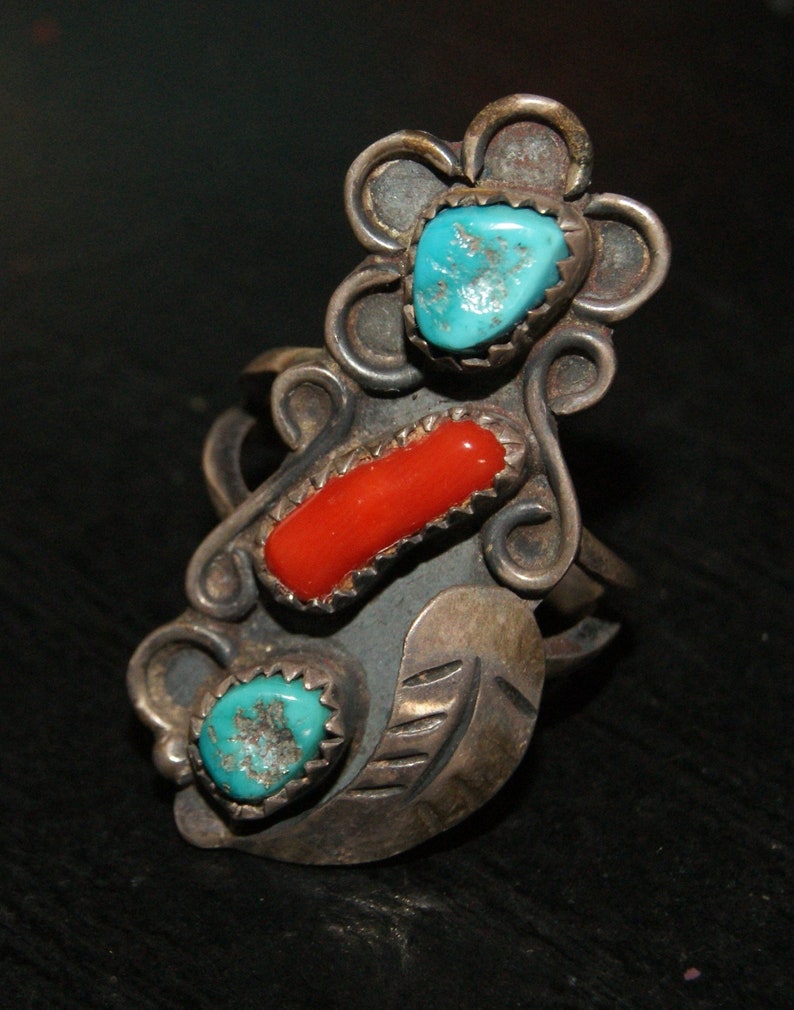 Zuni Squash Blossom Ring. Turquoise. Coral. Sterling Silver. - Etsy