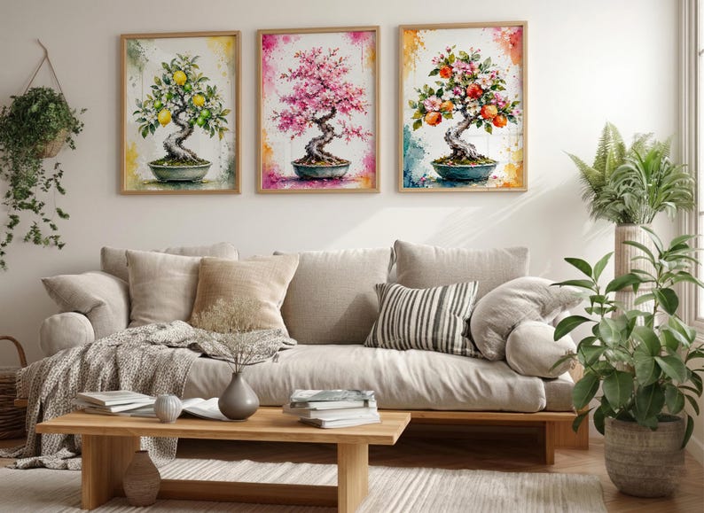Colorful Bonsai Tree Wall Art Set, Sakura Lemon & Lime Botanical Prints ...