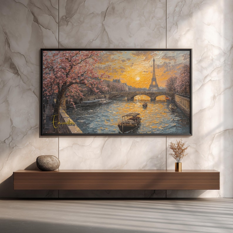 Paris Eiffel Tower Seine Sunset Wall Art, Romantic Cityscape Print ...