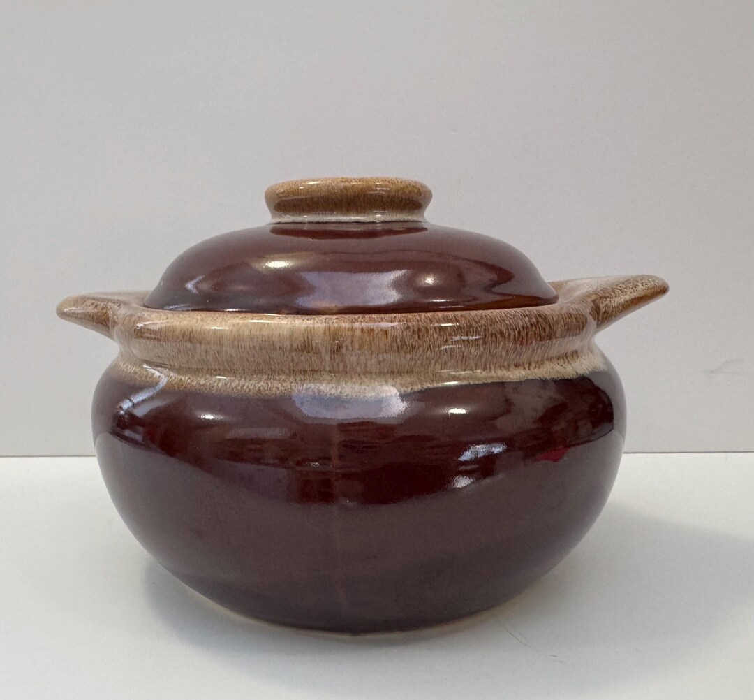 Vintage Brown Lidded Bean Pot With Handles - Etsy