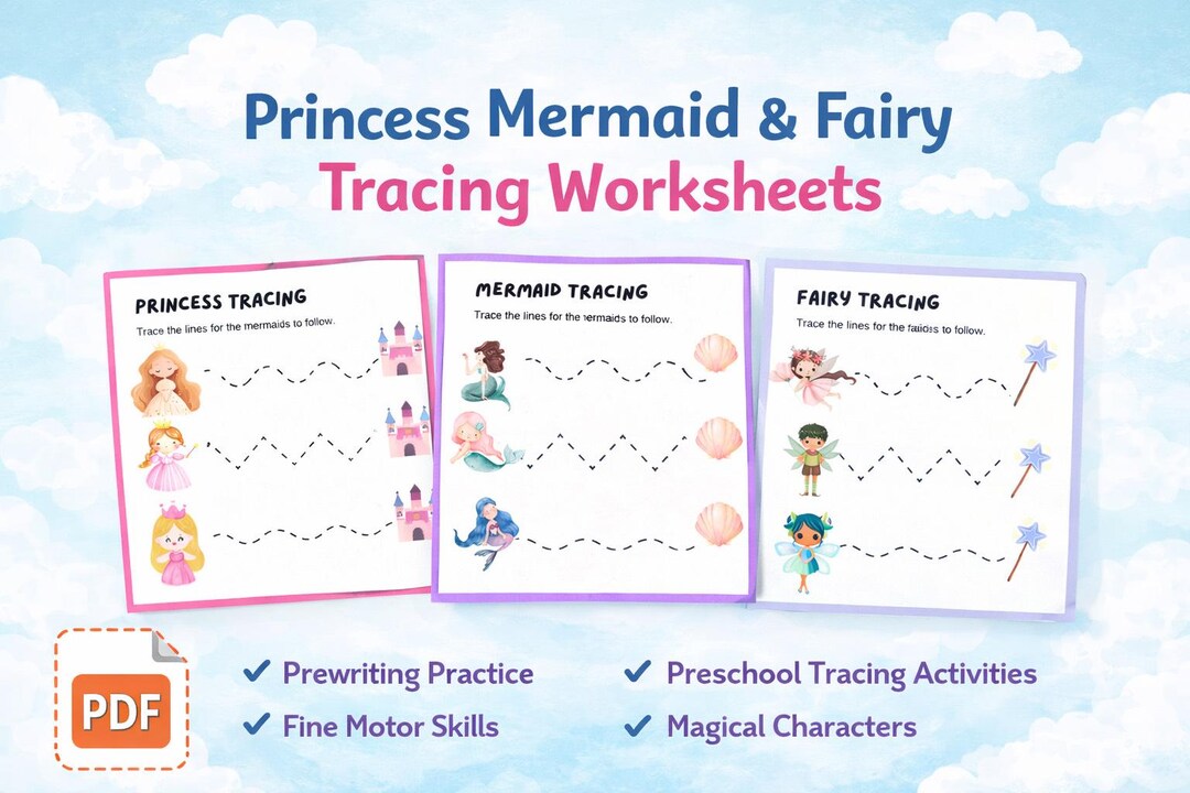 Princess Mermaid Fairy Tracing Worksheets | Preschool Prewriting Fine ...