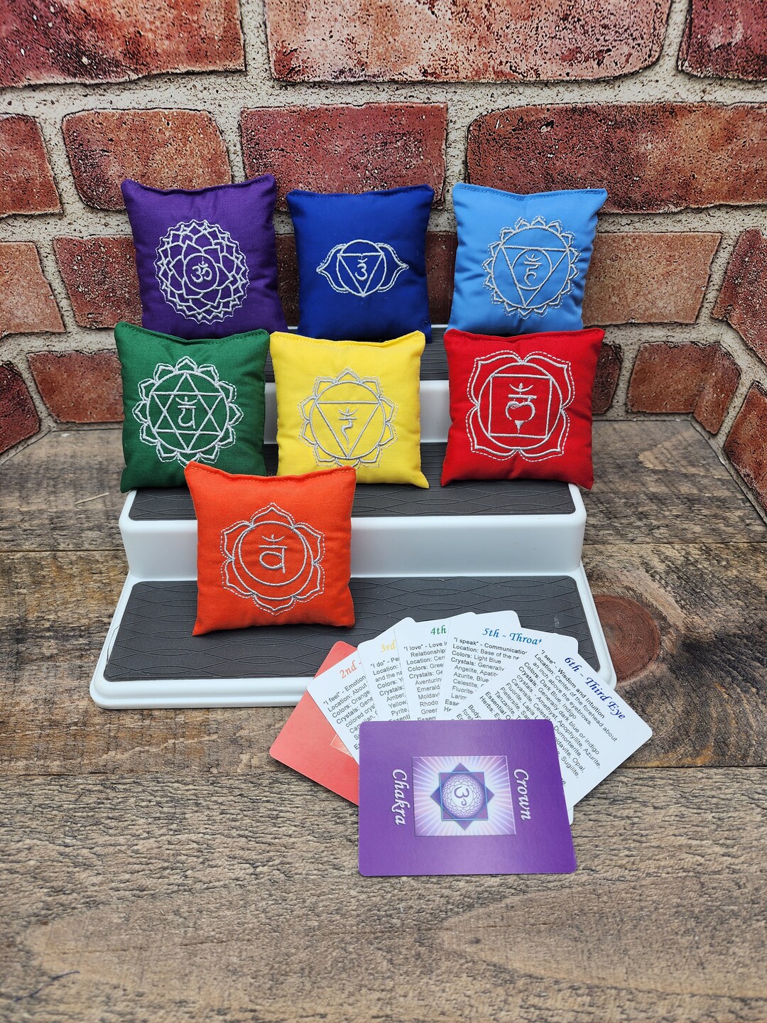 Small Crystal & Polyfiber Filled Chakra Pillows With Embroidered Chakra Symbols, Corresponding ...