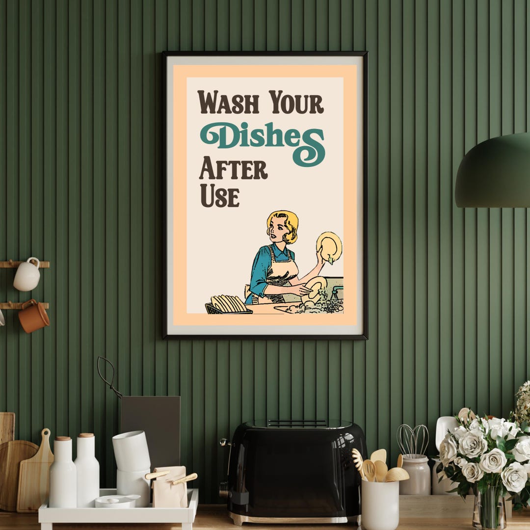 Wash Dishes After Use Sign, Minimalist Retro Kitchen Art (digital ...
