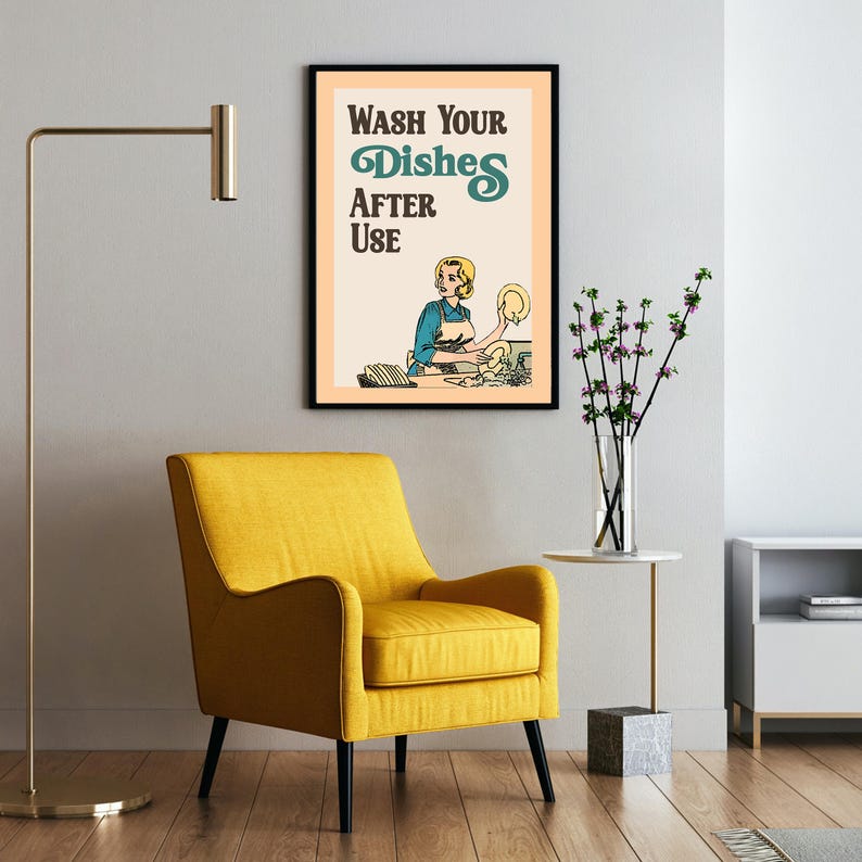 Wash Dishes After Use Sign, Minimalist Retro Kitchen Art (digital ...