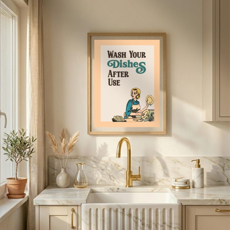 Wash Dishes After Use Sign, Minimalist Retro Kitchen Art (digital ...