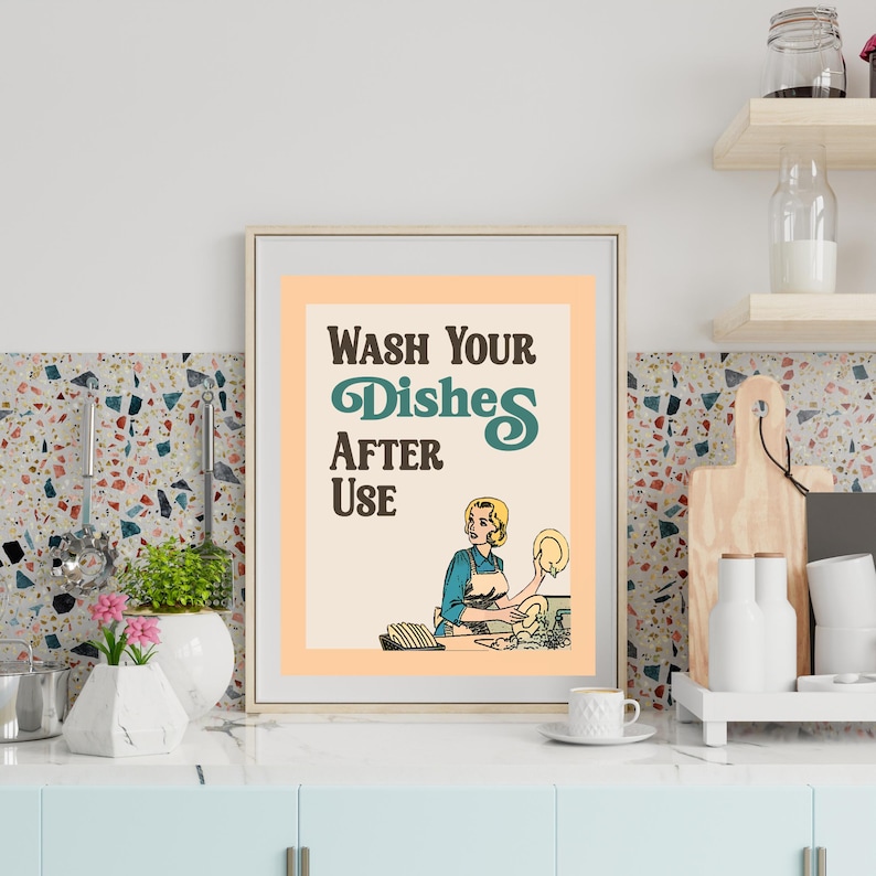 Wash Dishes After Use Sign, Minimalist Retro Kitchen Art (digital ...
