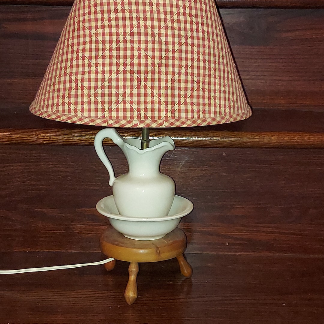 White Ceramic Bowl and Picther on Wood Stool Lamp - Etsy
