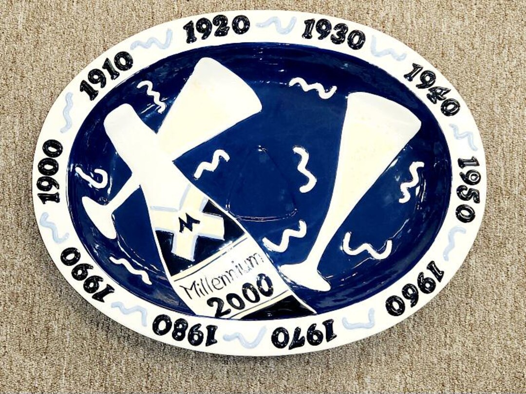 Clay Arts Y2K Millennium Serving Platter 17.5" Raised Design, Champagne, 1900 to 2000 Mint ...
