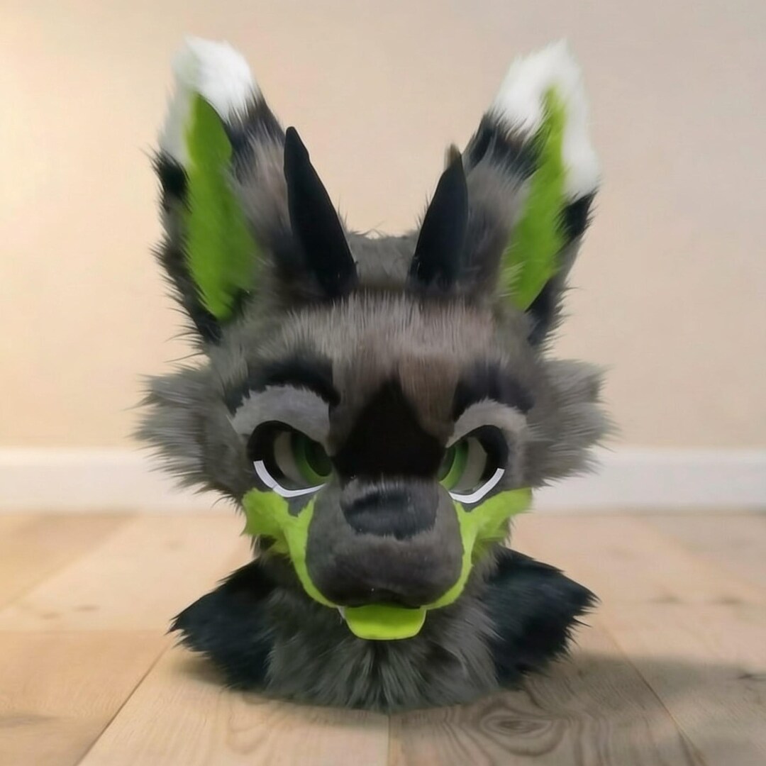 Grey & Green Horned Wolf Fursuit Head - Toony Style Furry Canine Mask ...