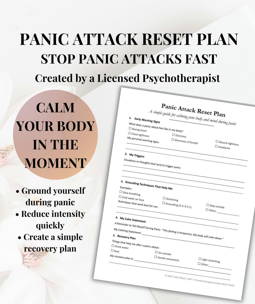 Panic Attack Reset Plan Worksheet | Anxiety Coping Tool | Therapist ...