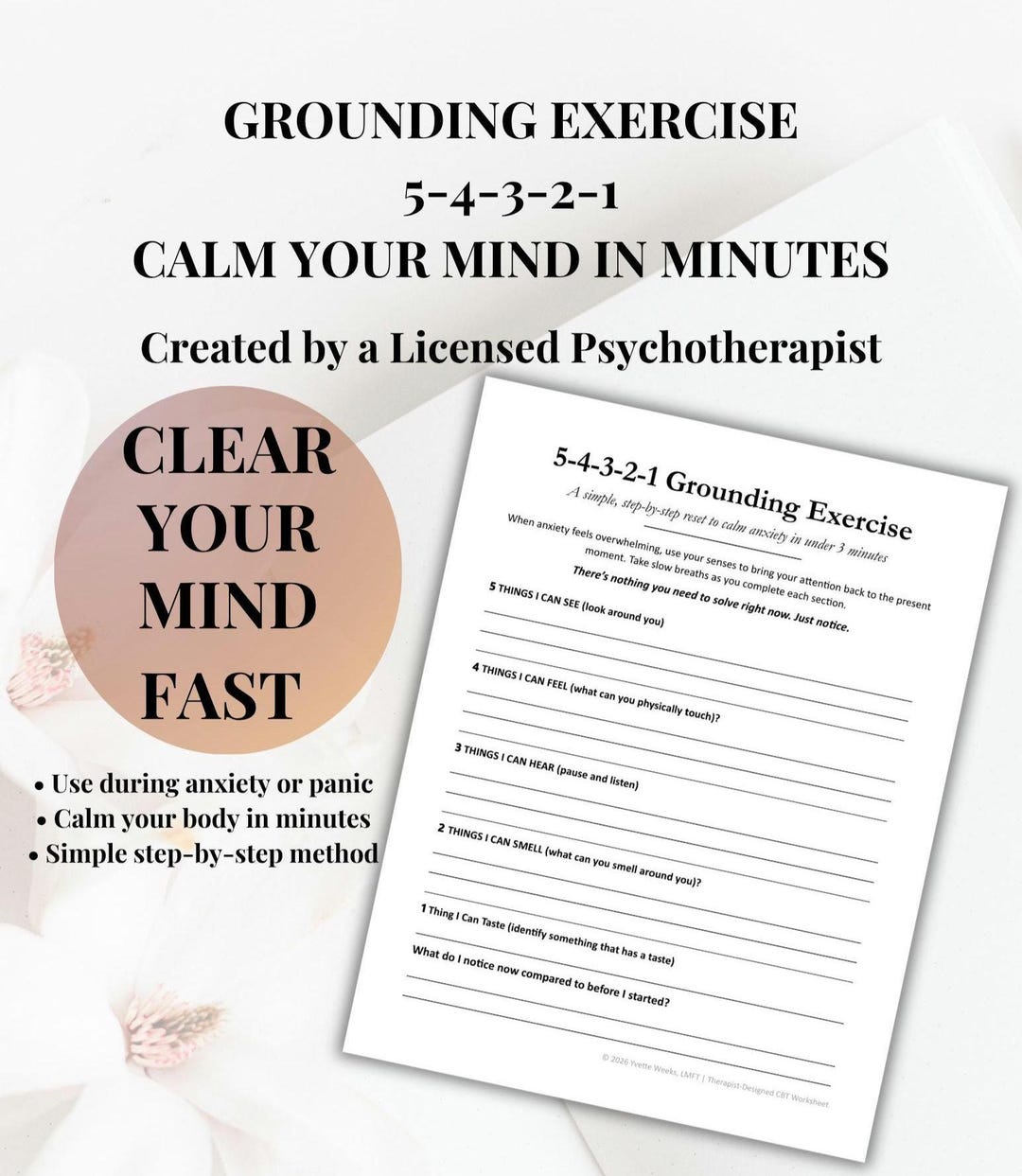 5-4-3-2-1 Grounding Exercise Worksheet, Anxiety Relief Tool, Panic ...