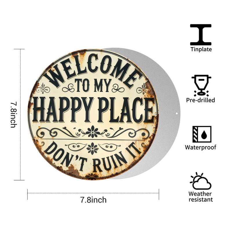 Round Aluminum Metal Sign, Welcome to My Happy Place Wall Decor, 2D ...