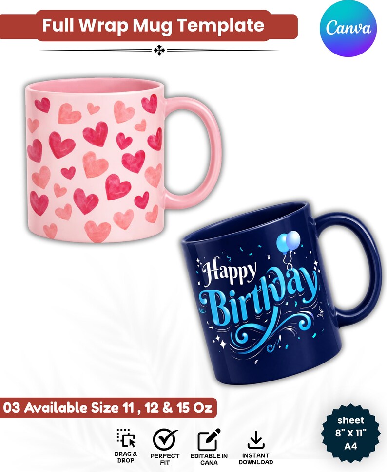 Full Wrap Mug Template Bundle, Editable Canva Mug Wrap Template, 11oz ...