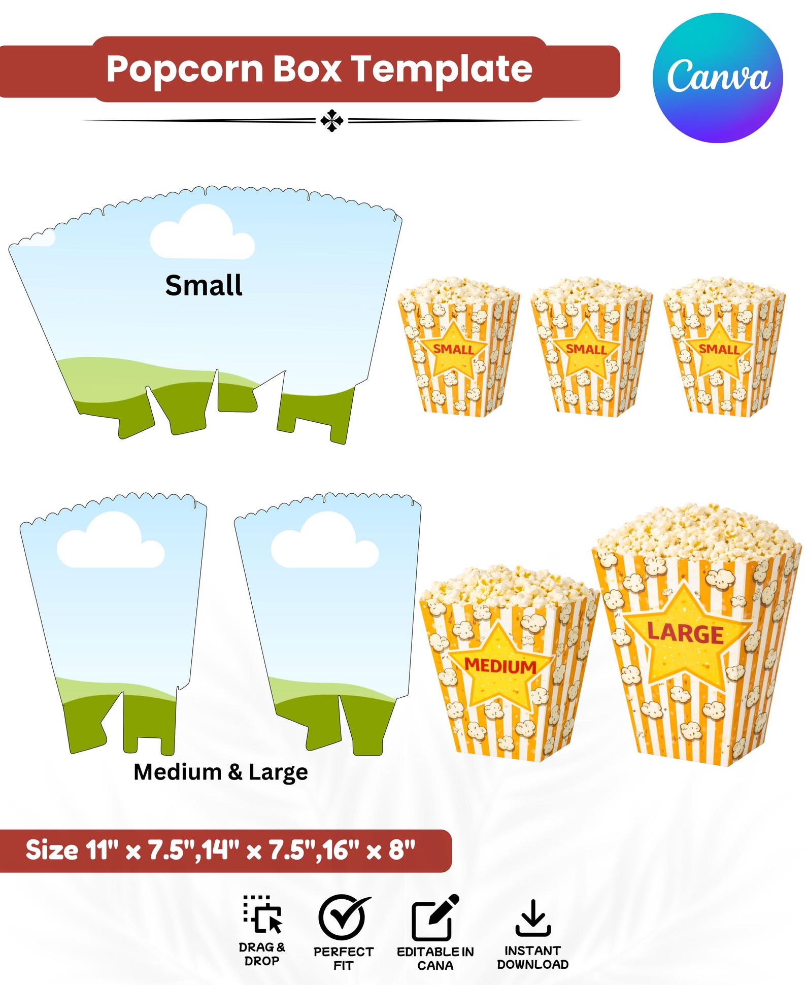 Popcorn Box Template Bundle, Editable Canva Popcorn Box Template, Small ...