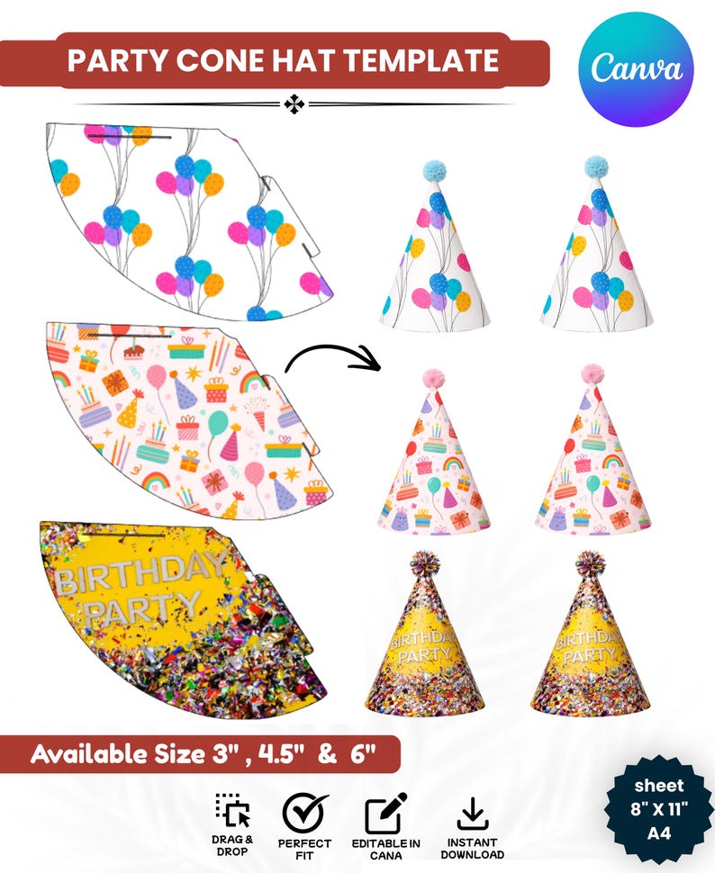 Party Cone Hat Template Bundle, Editable Canva Party Hat Template ...