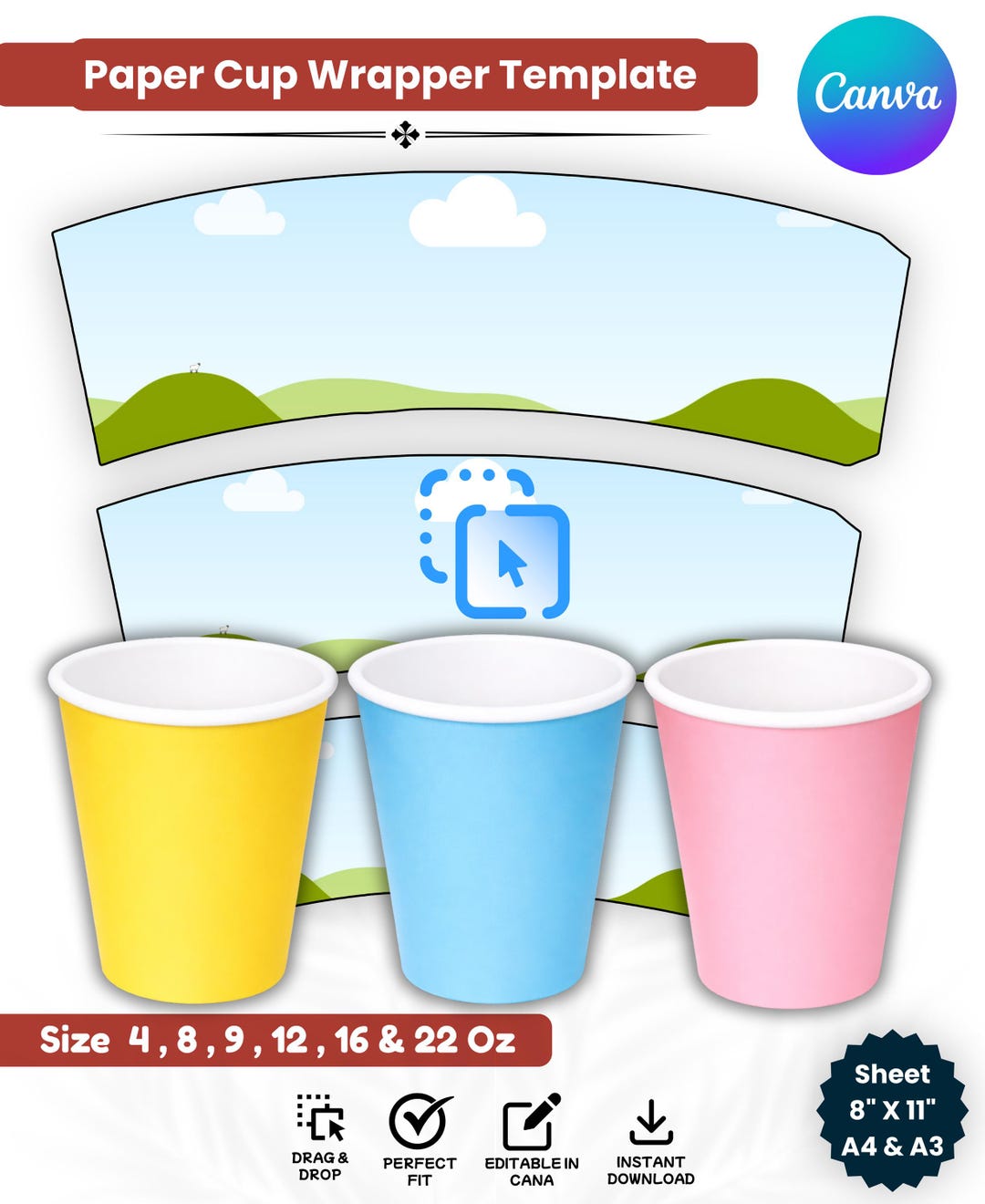 Paper Cup Wrapper Template Bundle, Editable Canva Cup Wrap Template ...