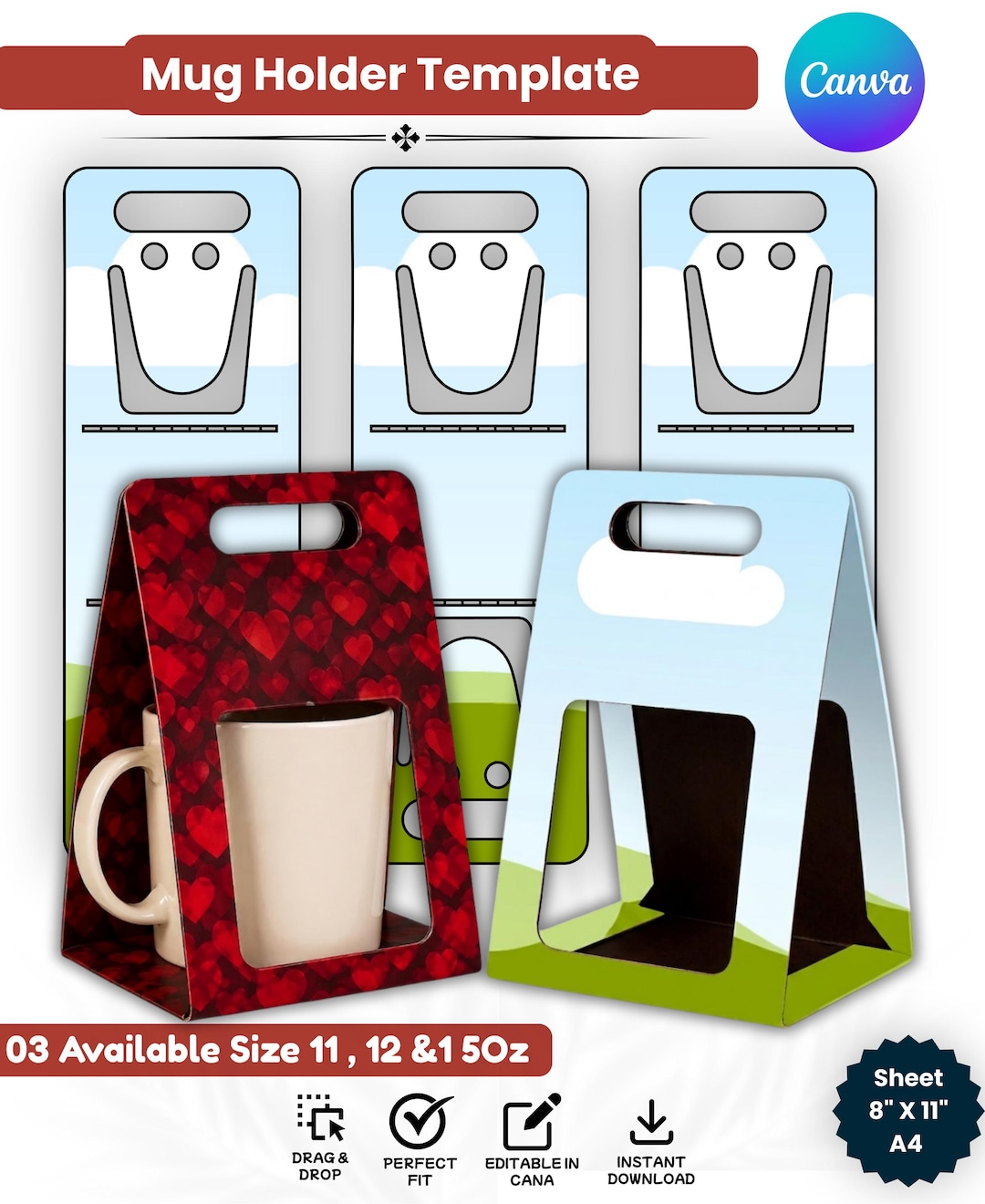 Mug Holder Template Canva Editable, Mug Gift Box Template, Mug ...
