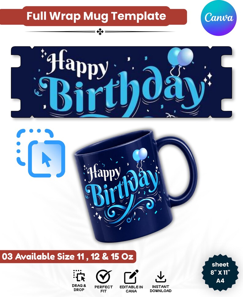 Full Wrap Mug Template Bundle, Editable Canva Mug Wrap Template, 11oz ...