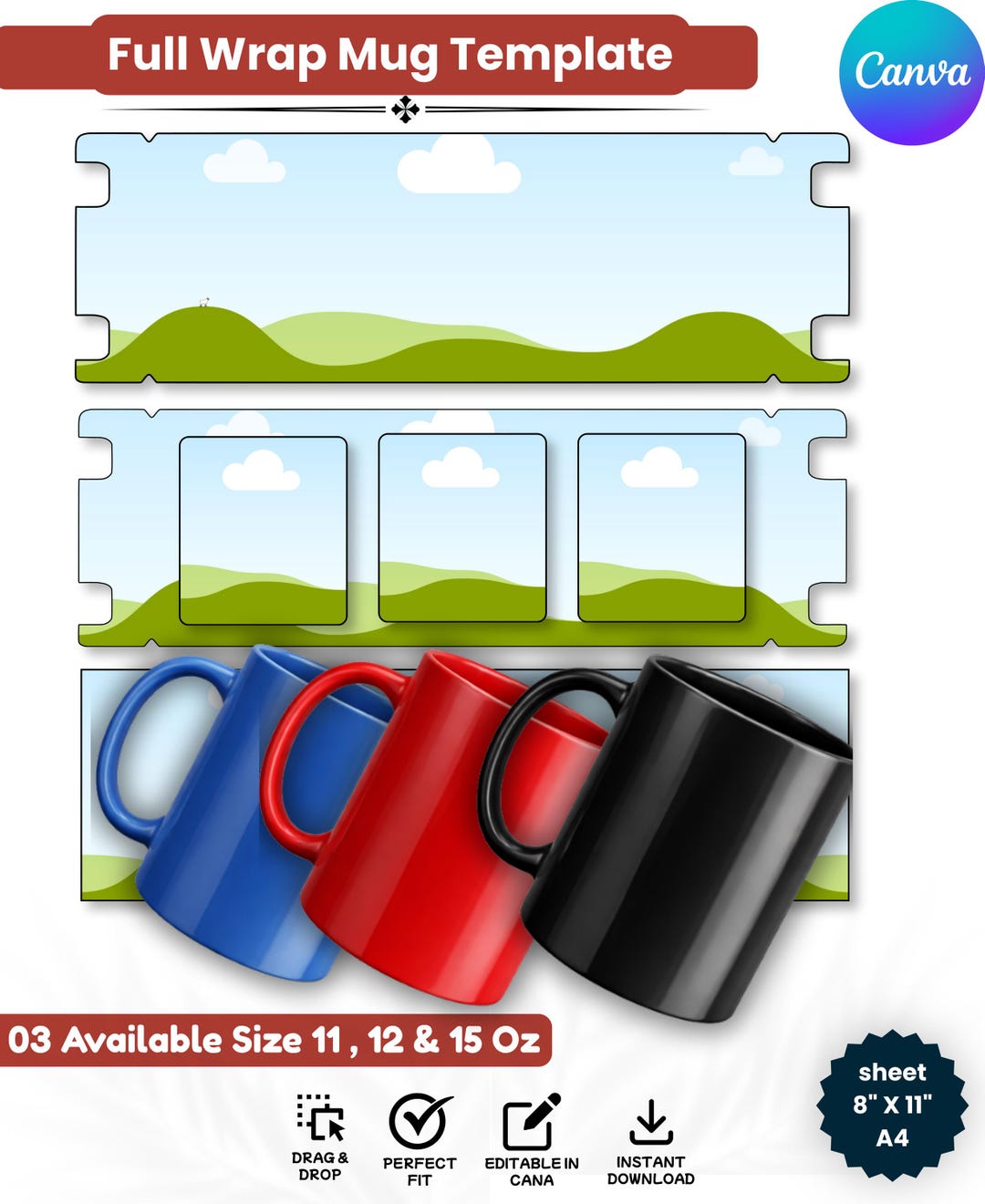 Full Wrap Mug Template Bundle, Editable Canva Mug Wrap Template, 11oz ...