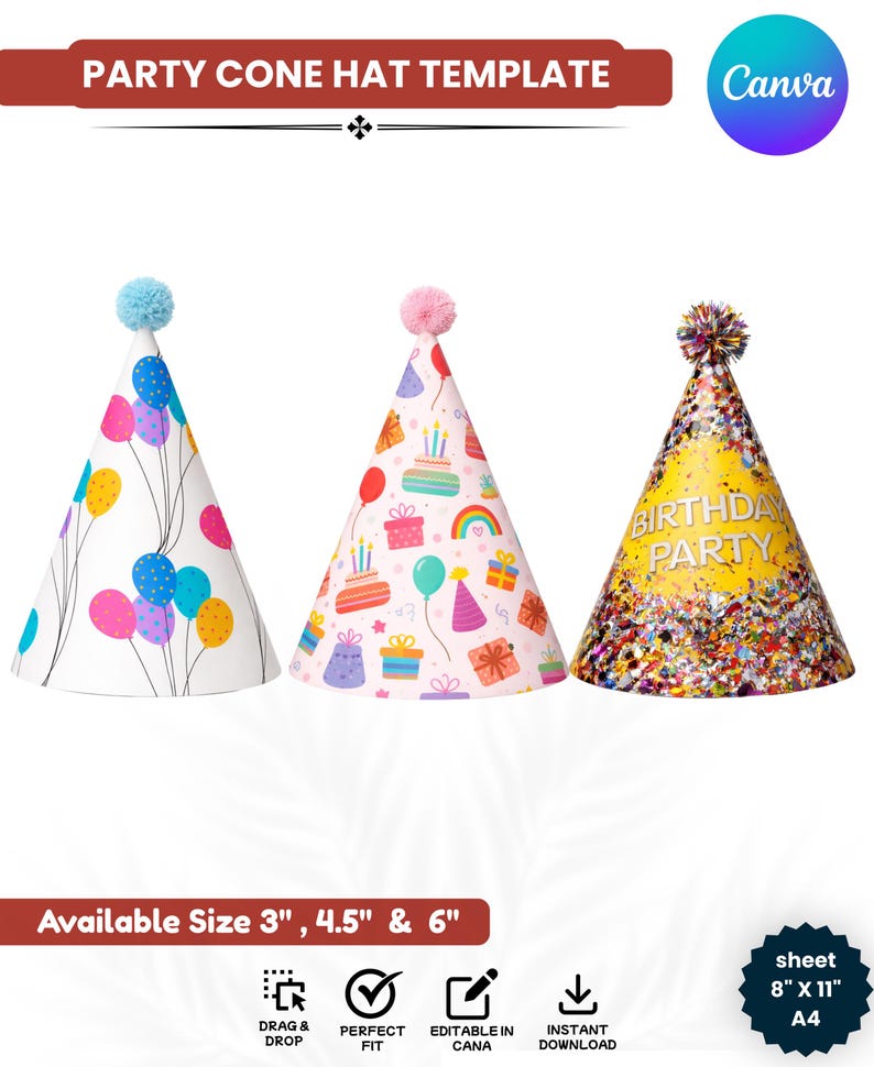 Party Cone Hat Template Bundle, Editable Canva Party Hat Template ...