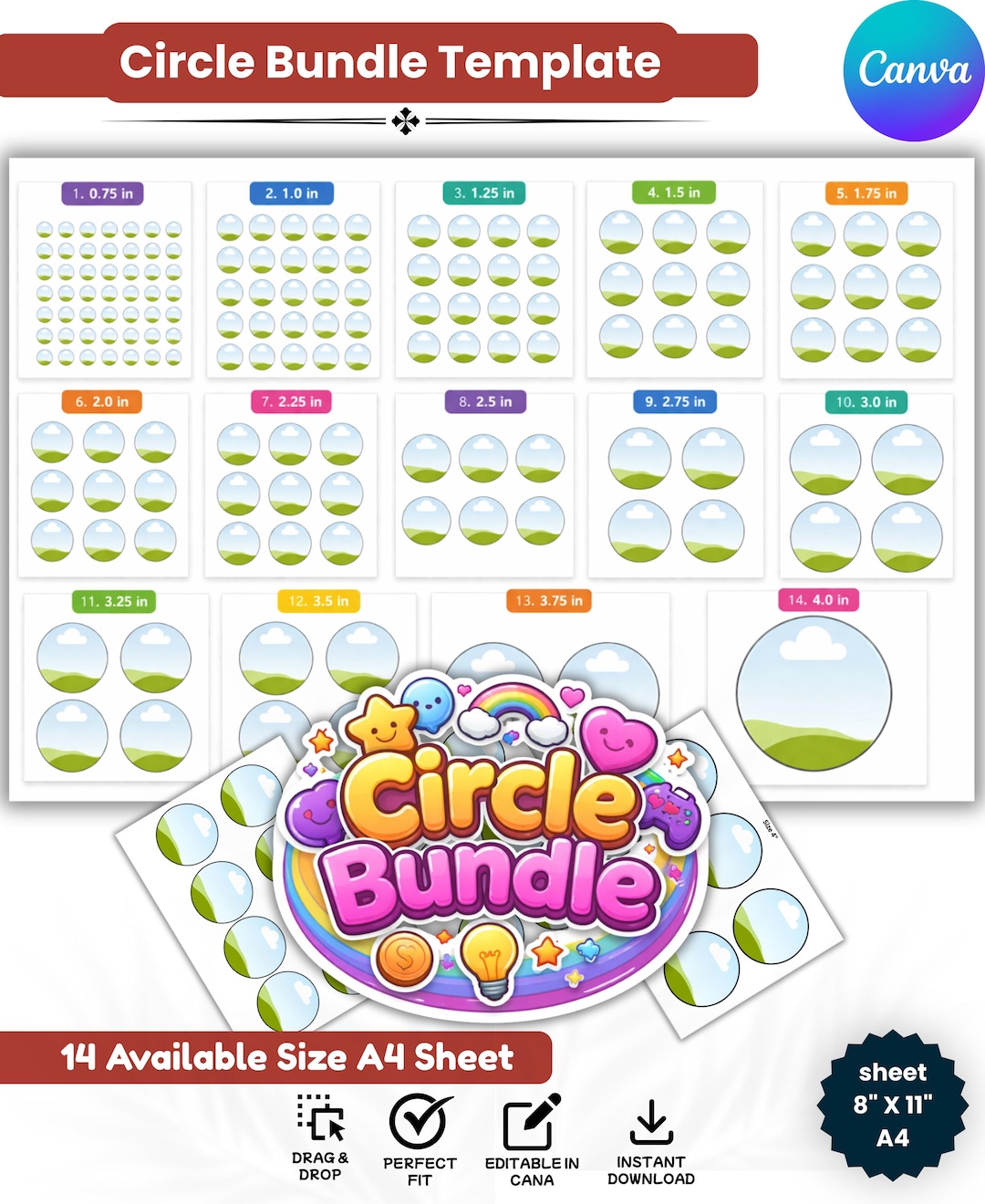 Circle Template Bundle Canva Editable, Round Label Sticker Template Set ...