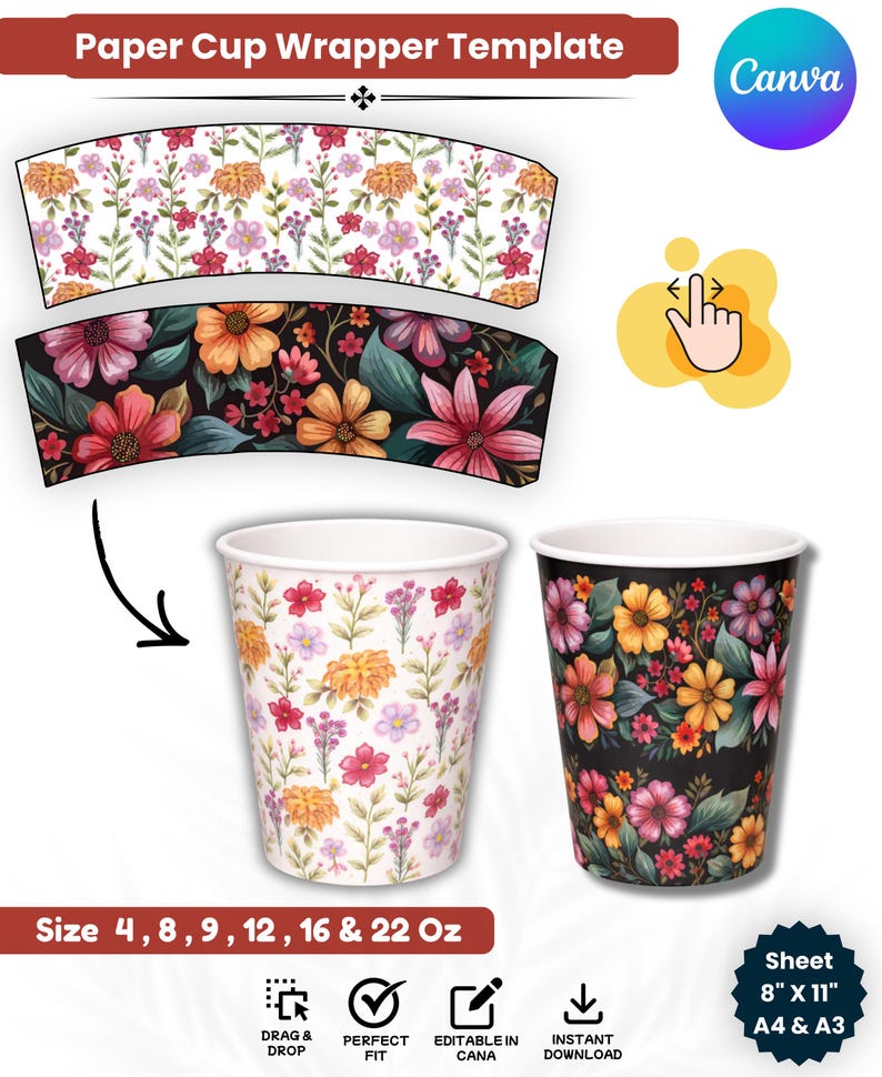 Paper Cup Wrapper Template Bundle, Editable Canva Cup Wrap Template ...