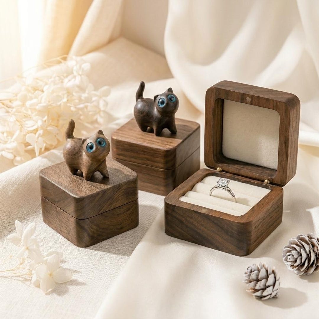 Wood Cat Ring Box, Custom Engagement Proposal Ring Bearer Holder ...
