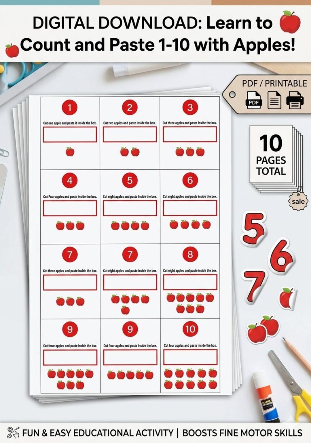 Apple Counting & Matching Worksheets for Toddlers, Numbers 1-10 Cut and ...