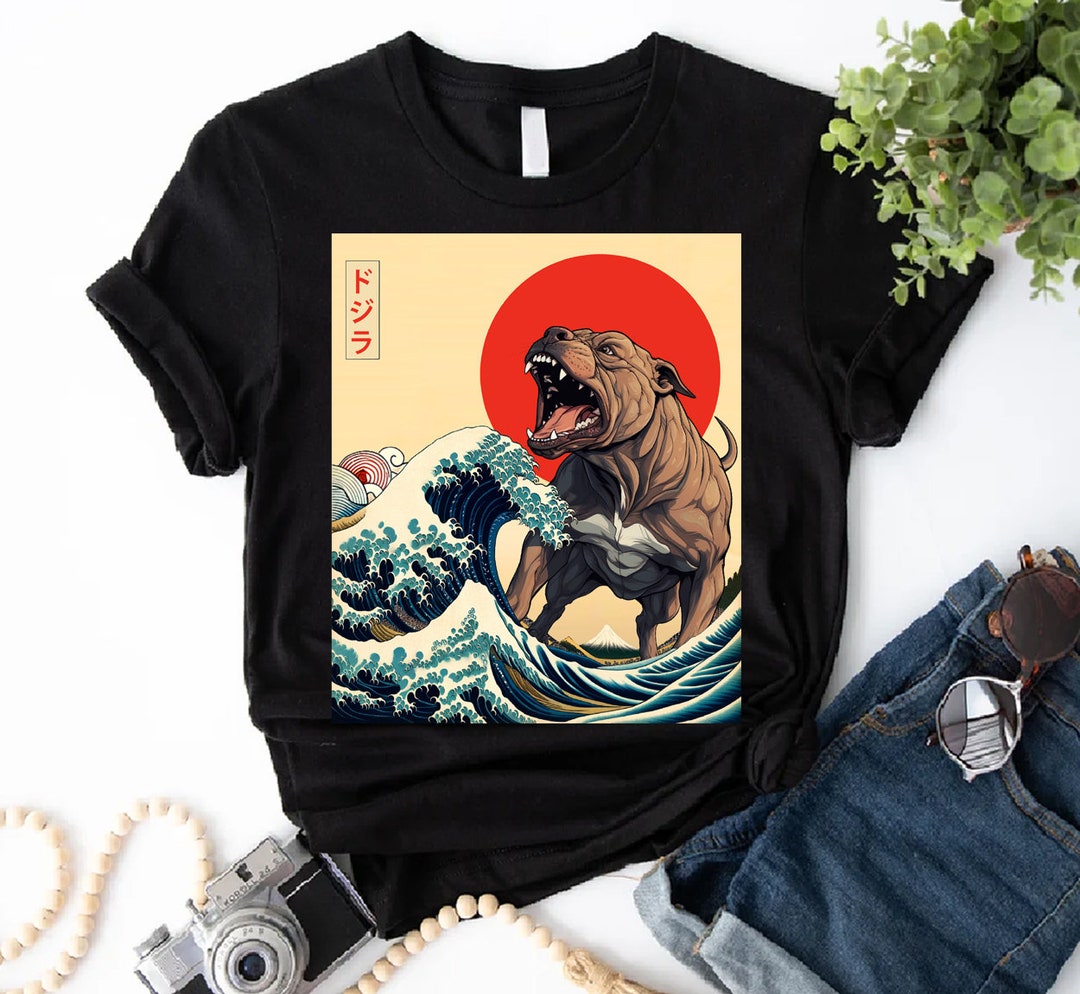 Funny Dogzilla Pit Bull T-shirt, Kawaii Ukiyo-e Japanese Pitbull ...