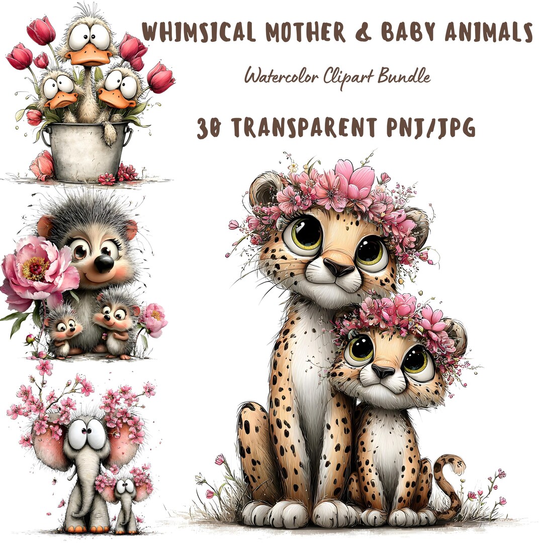 30 Whimsical Baby Animals Clipart, Mother and Baby Floral PNG, Mega ...