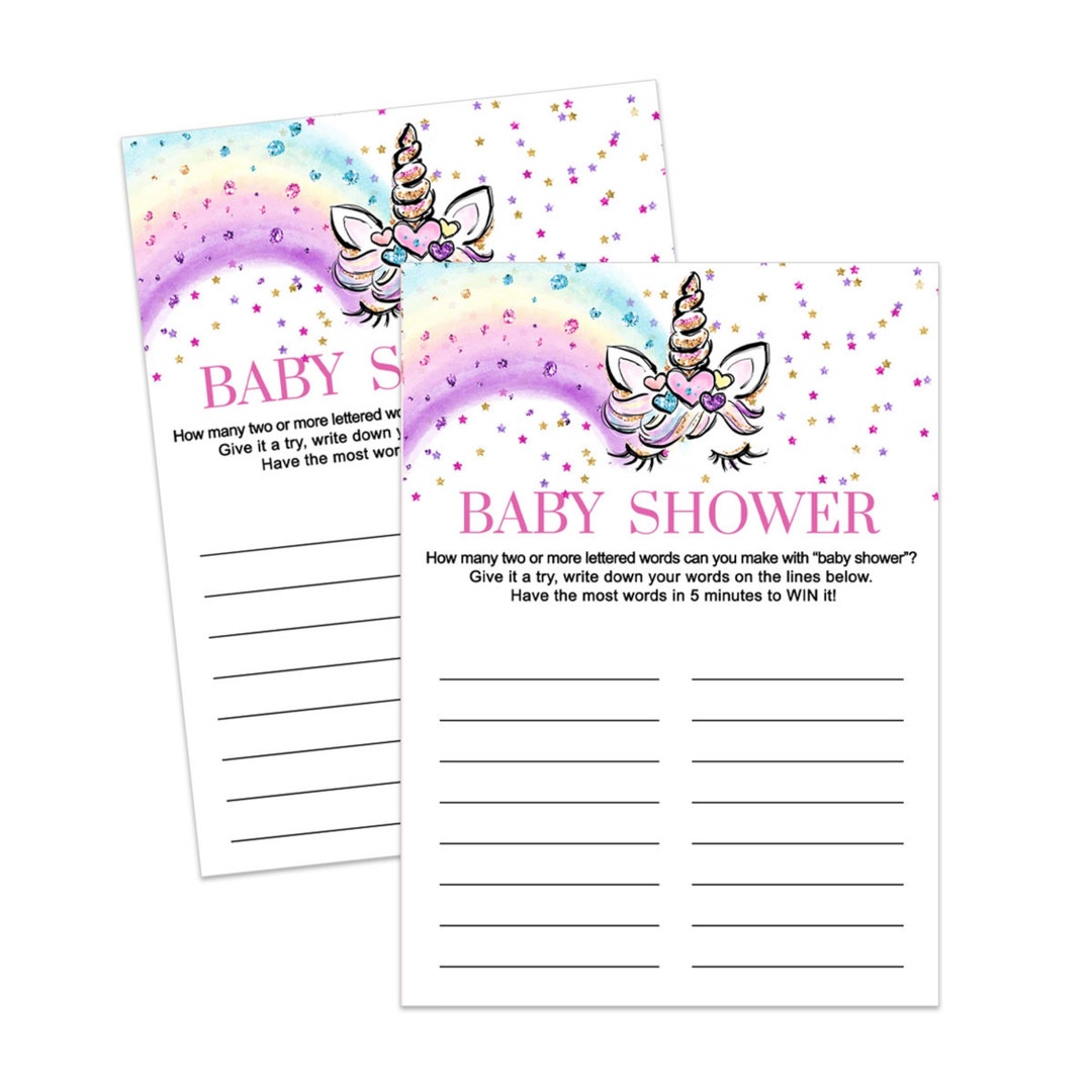 Unicorn Baby Shower Word Guess Girls Rainbow Sprinkle Theme Starry ...