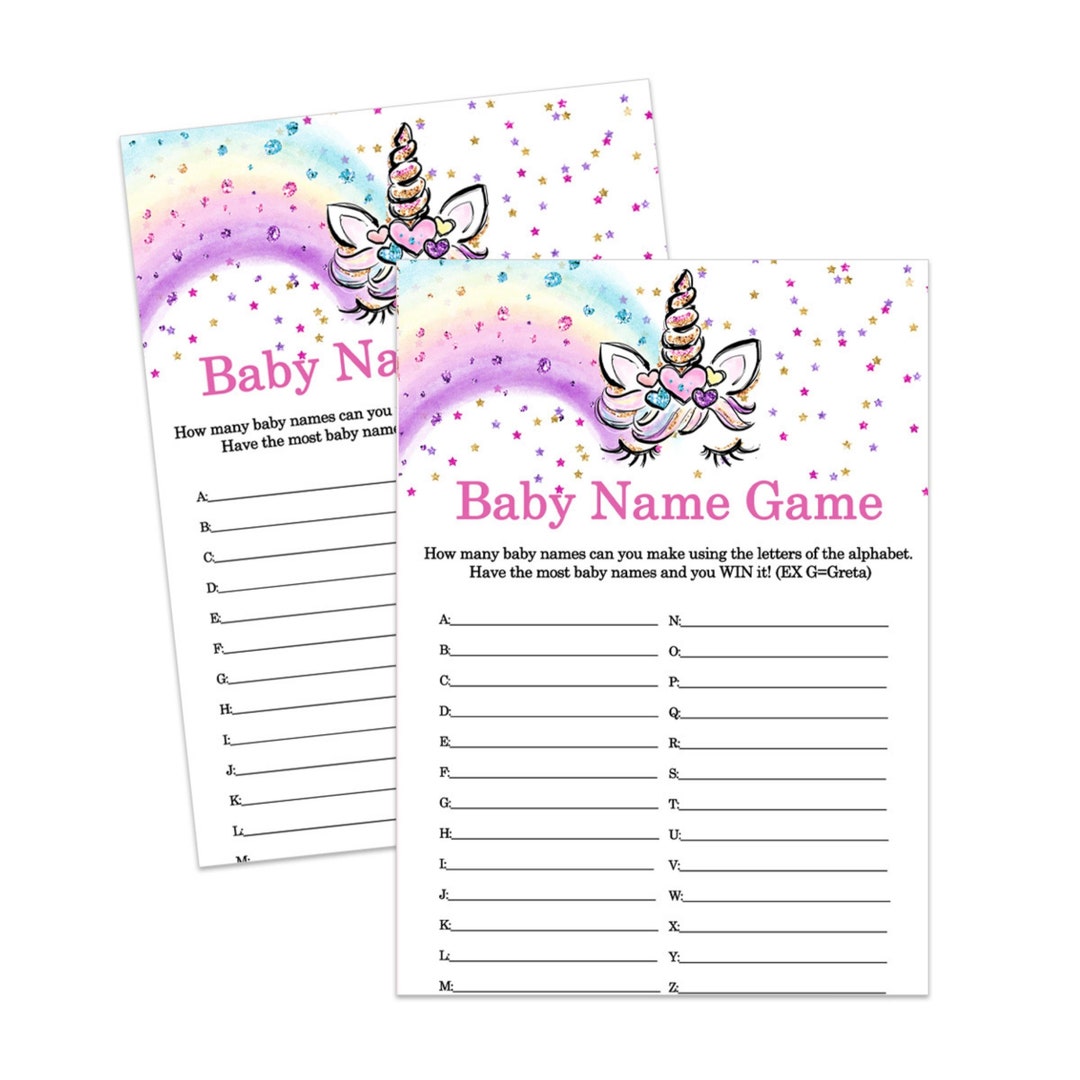 Printable Unicorn Name Race Game for Girl Baby Shower Rainbow & Stars ...