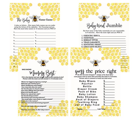 Bumblebee Baby Shower Game Bundle Pack for 25 Guests - 4 Games Set Who ...