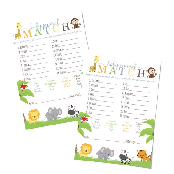 Cute Jungle Animal Matching Baby Shower Game (25 Pack) Guess the Pair ...